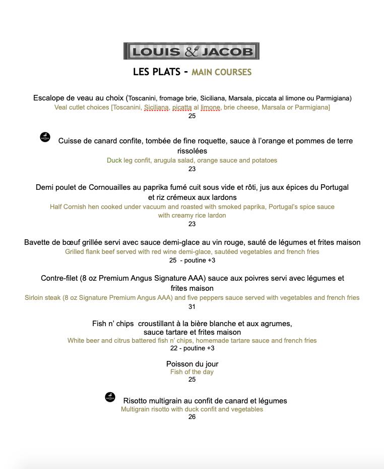 Menu at Restaurant Louis & Jacob, Laval