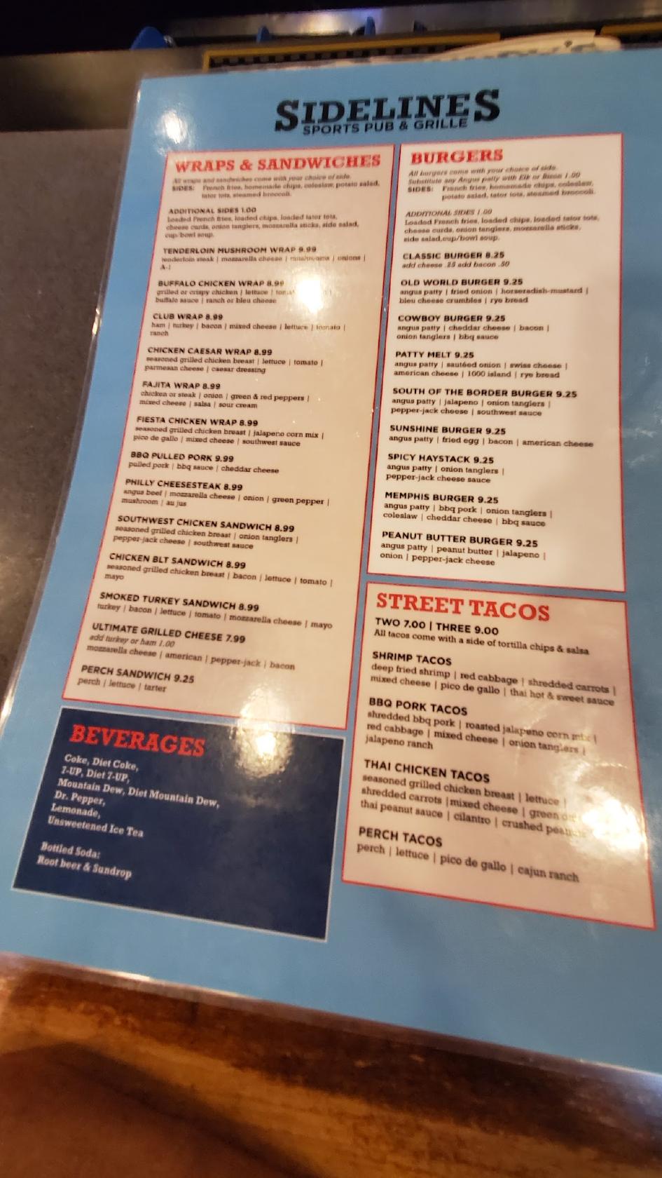 Menu at Sidelines Greenville pub & bar, USA
