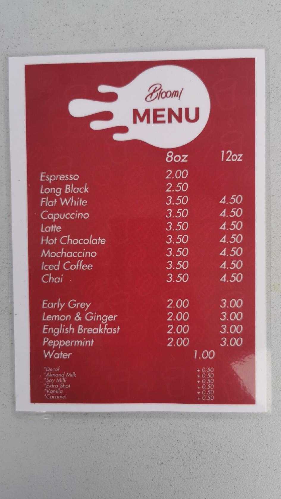 Menu at Bloom! The Coffee Van, Fortitude Valley
