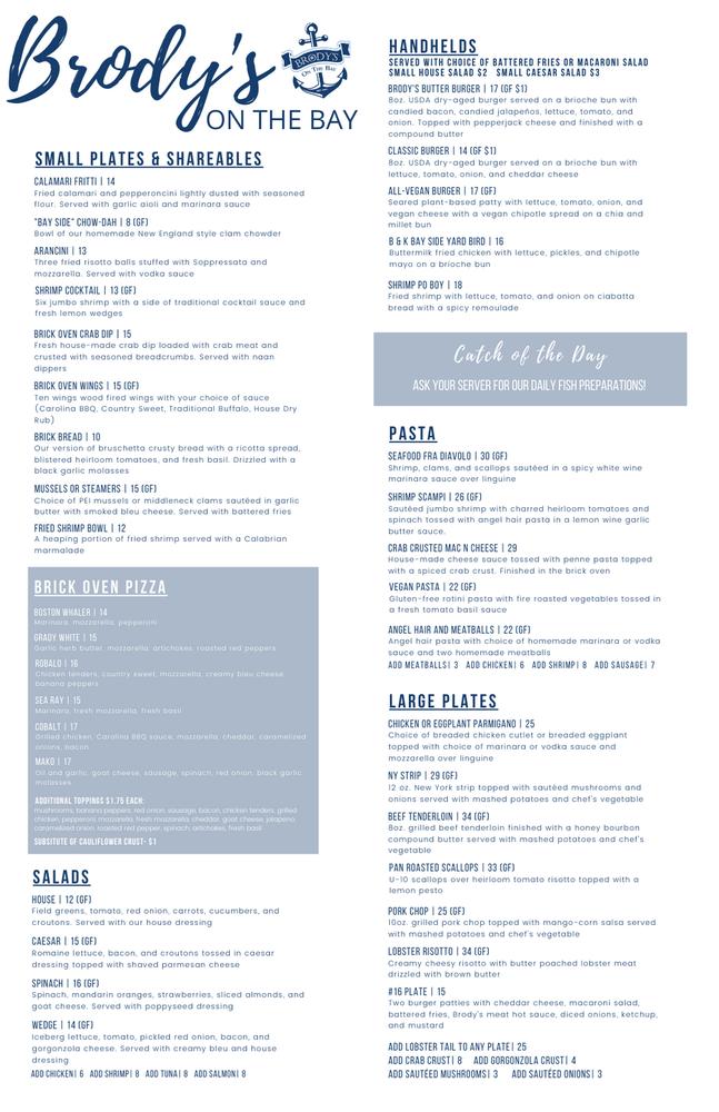 Menu at Brody's on the Bay pizzeria, Rochester