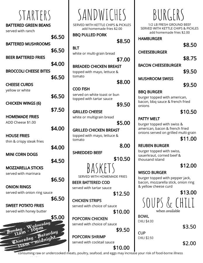 Menu at Ducks Bar & Grill, Crandon