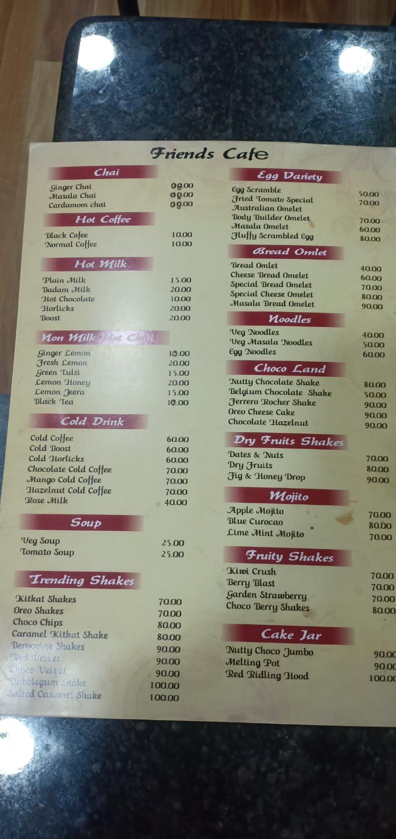 Menu at Friends cafe, Coimbatore