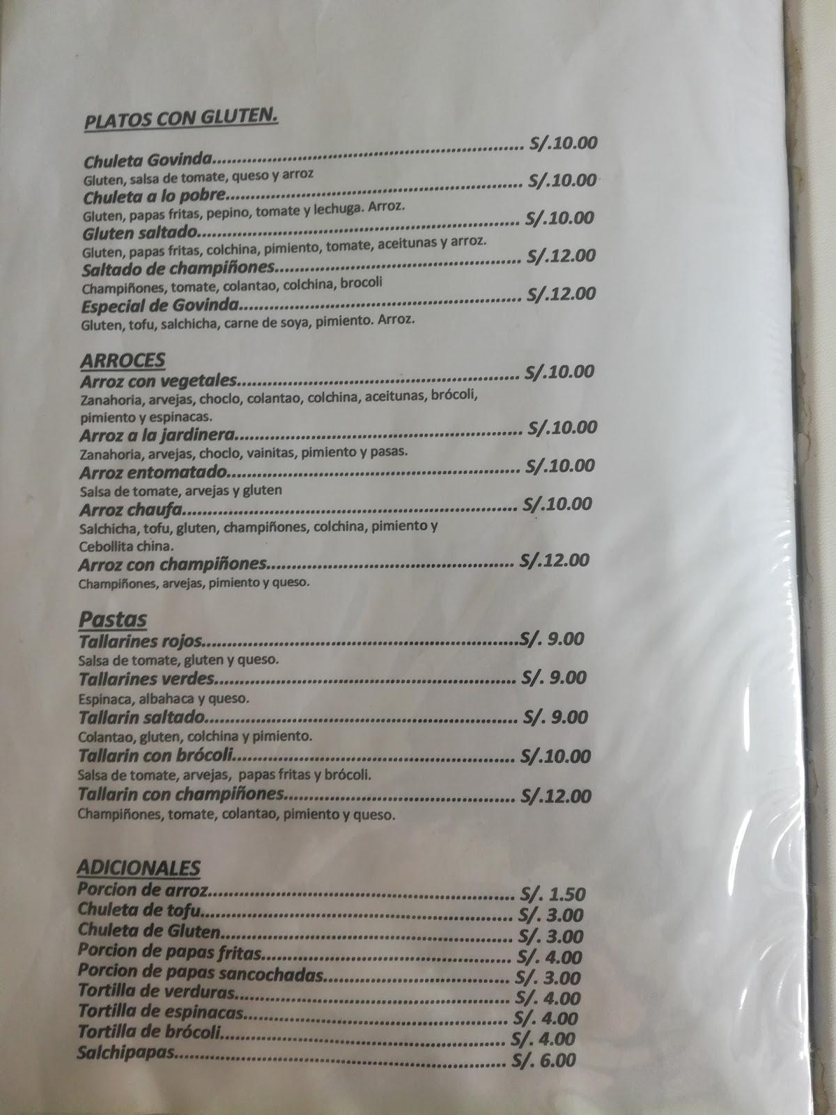 Carta de Govinda Restaurante Vegetariano, Chiclayo