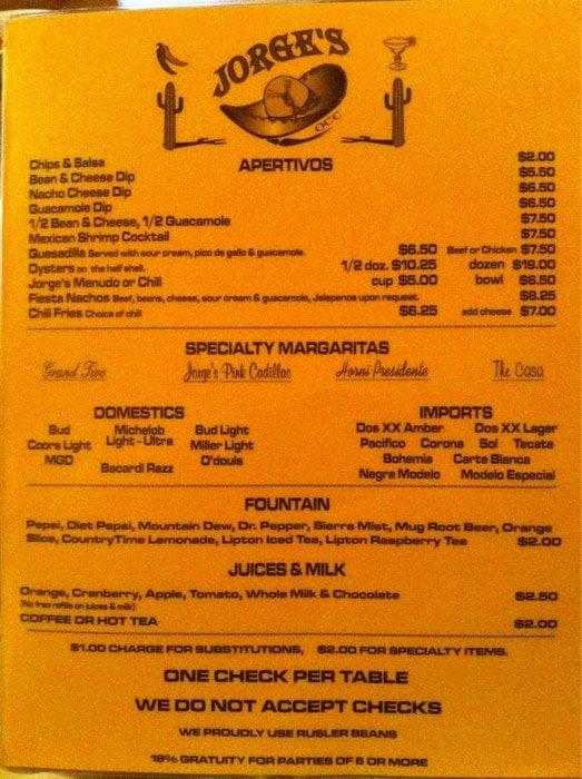 Menu at Jorge's Restaurant, Colorado Springs