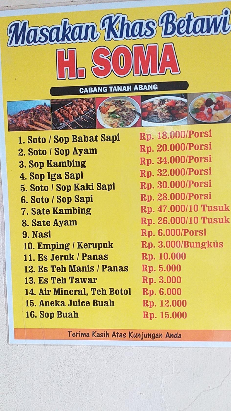 Menu at Masakan Khas Betawi H. Soma restaurant, Kemang