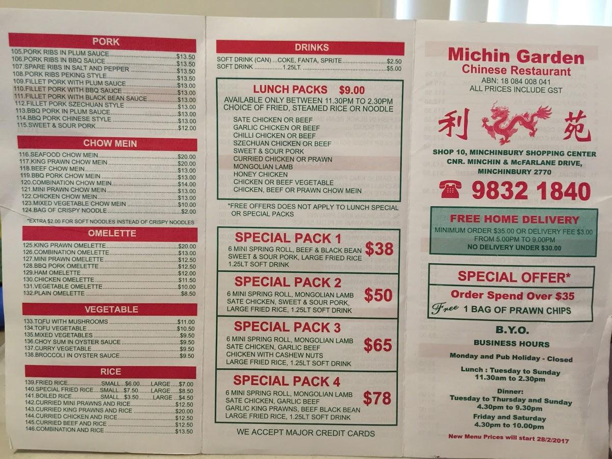 Menu at Minchin Garden Chinese Restaurant, Minchinbury
