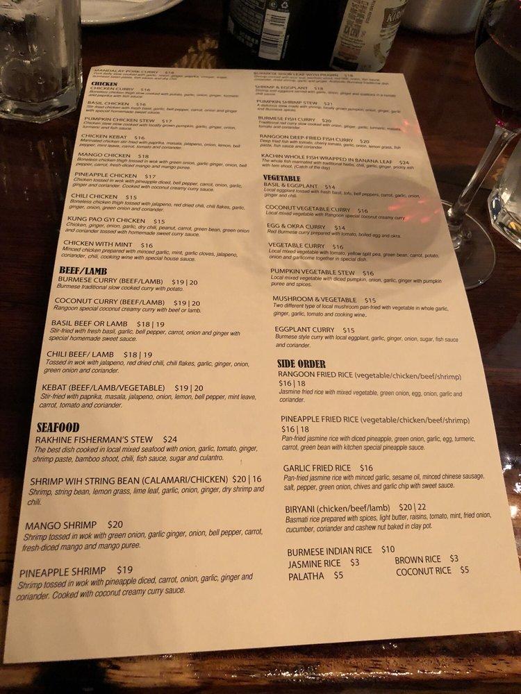 Menu at Rangoon Burmese kitchen restaurant, Honolulu