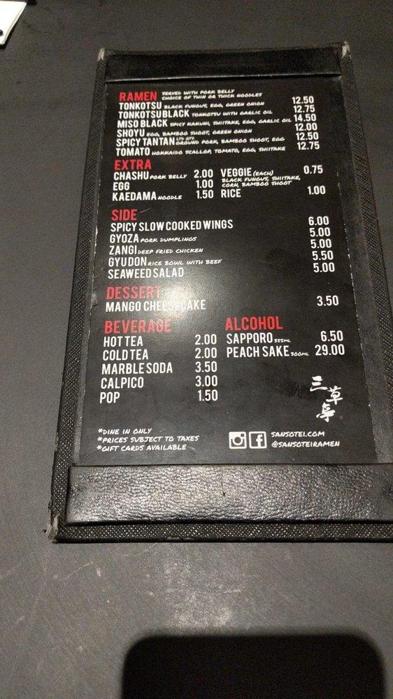 Menu at Sansotei Ramen restaurant, Ottawa, 153 Bank St