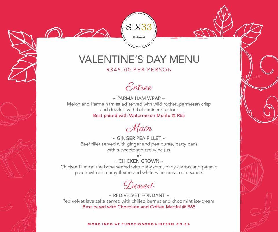 Menu at Six33 restaurant, Midrand