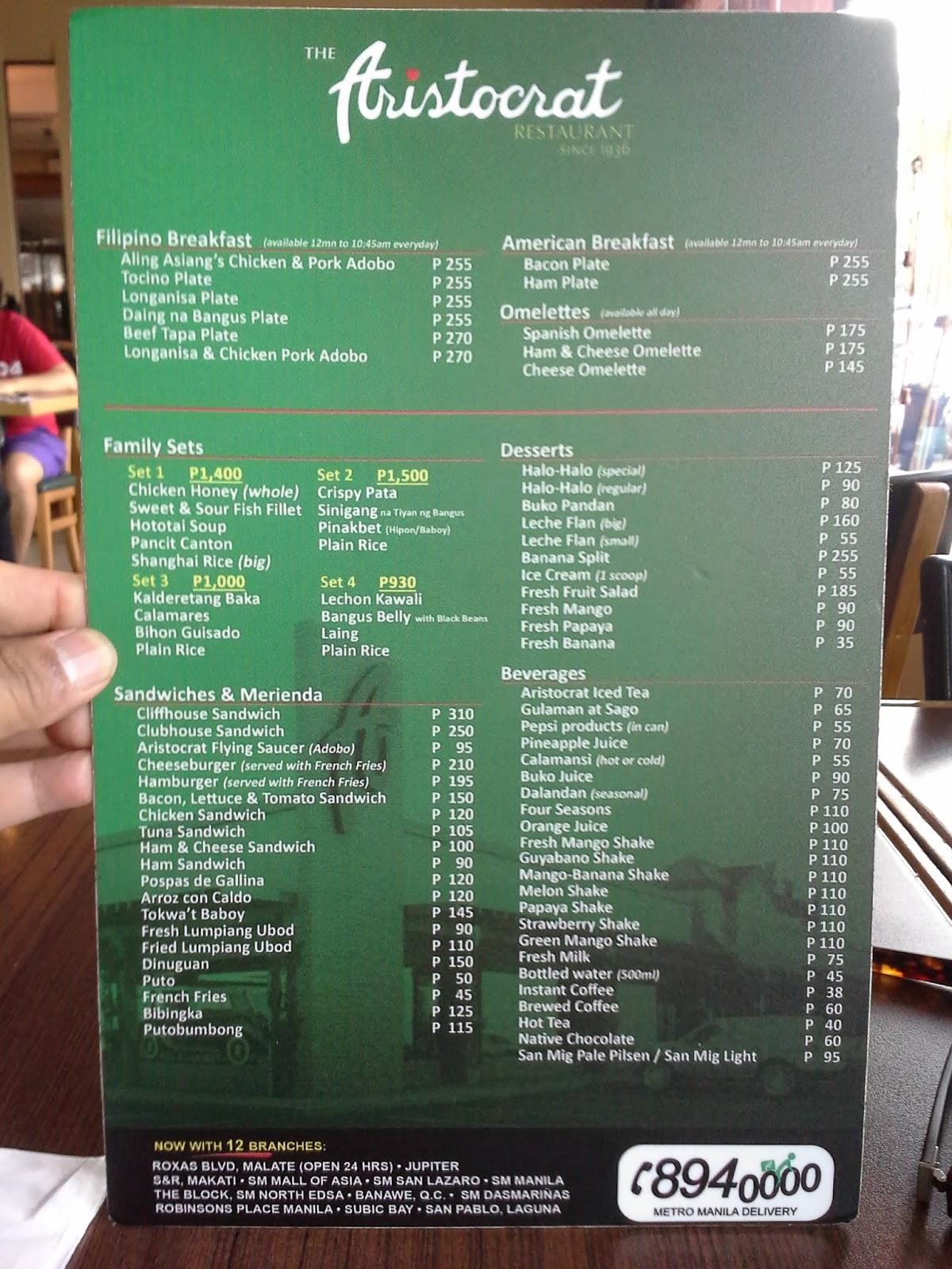 Menu at The Aristocrat Restaurant, Manila, 1004 San Andres St