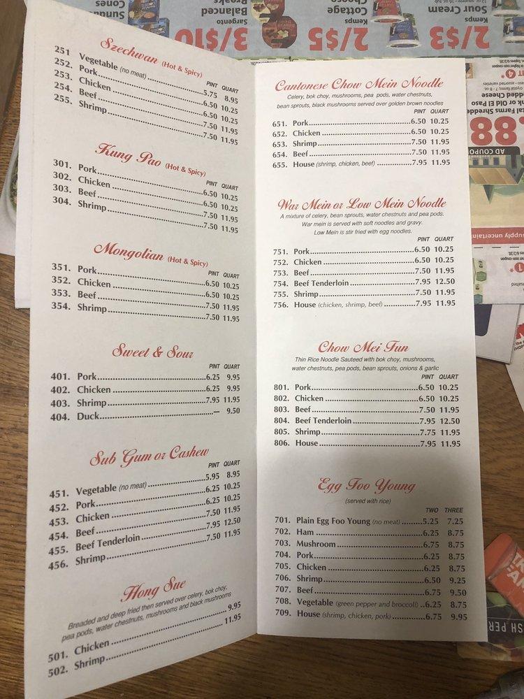 Menu at Yee's Oriental Inn restaurant, Kenosha