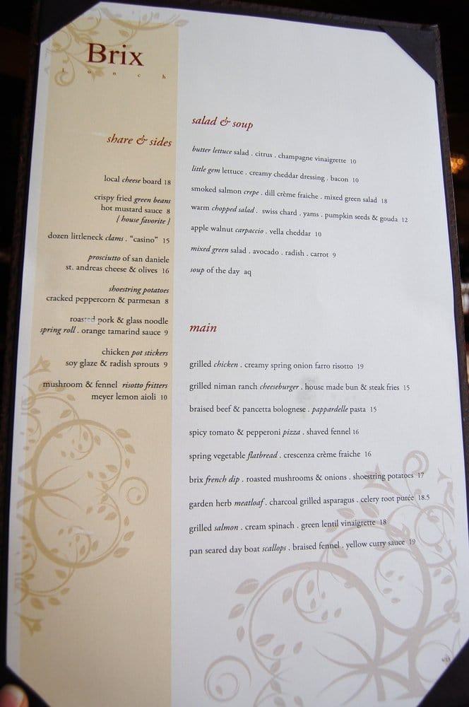 Menu at Brix pub & bar, Yountville