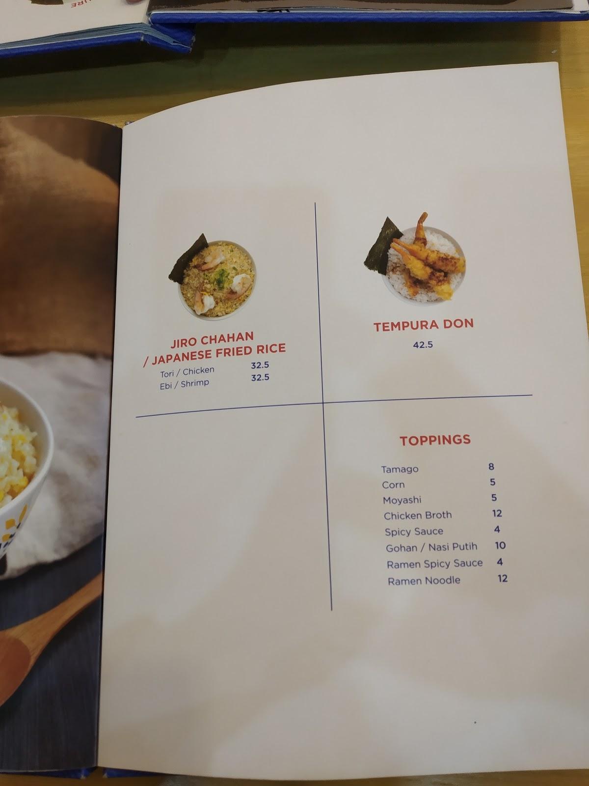 Menu at Jiro Ramen restaurant, Palembang, Jl. R. Sukamto No.8A