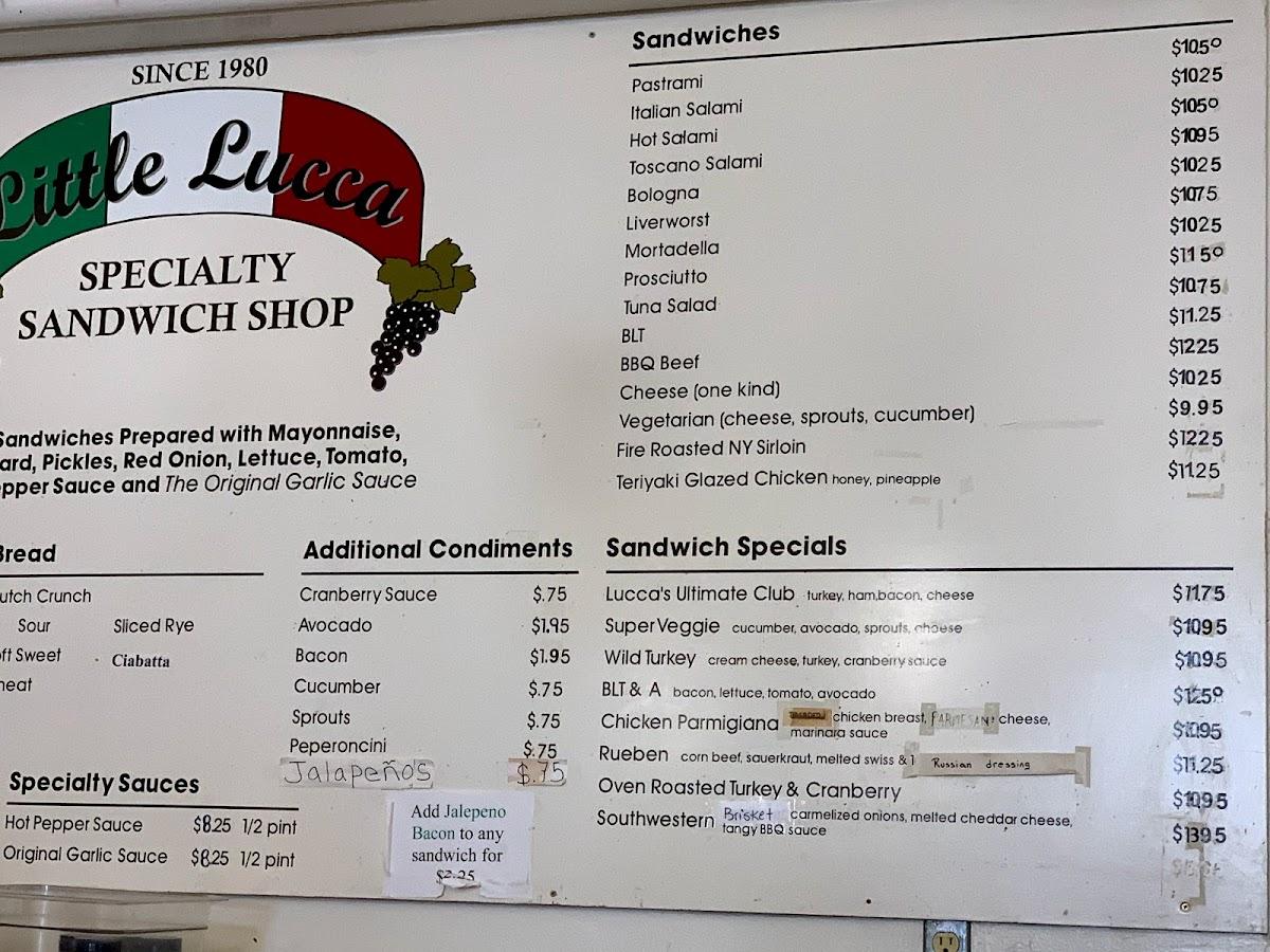 Menu at Little Lucca restaurant, Burlingame