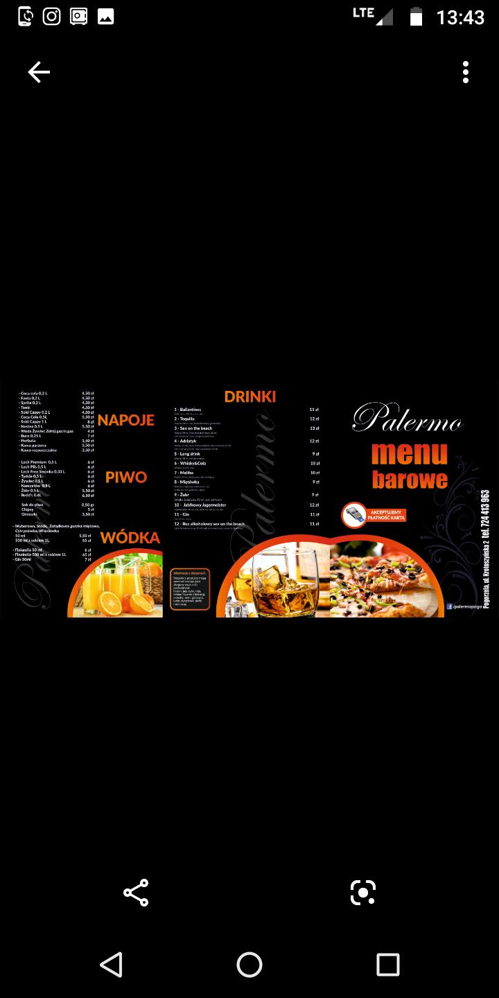 Menu at Palermo restaurant, Pogorzela