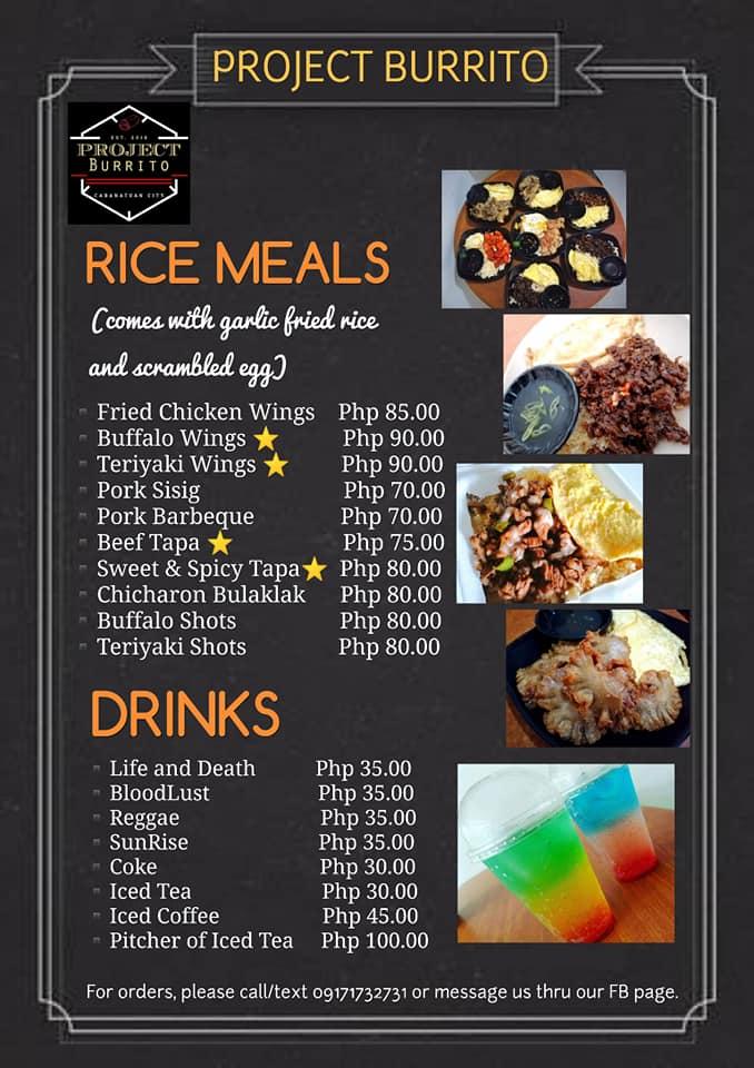 Menu at Project Burrito restaurant, Cabanatuan City