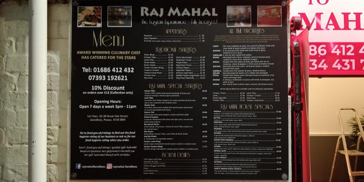 Menu at Raj Mahal restaurant, Llanidloes