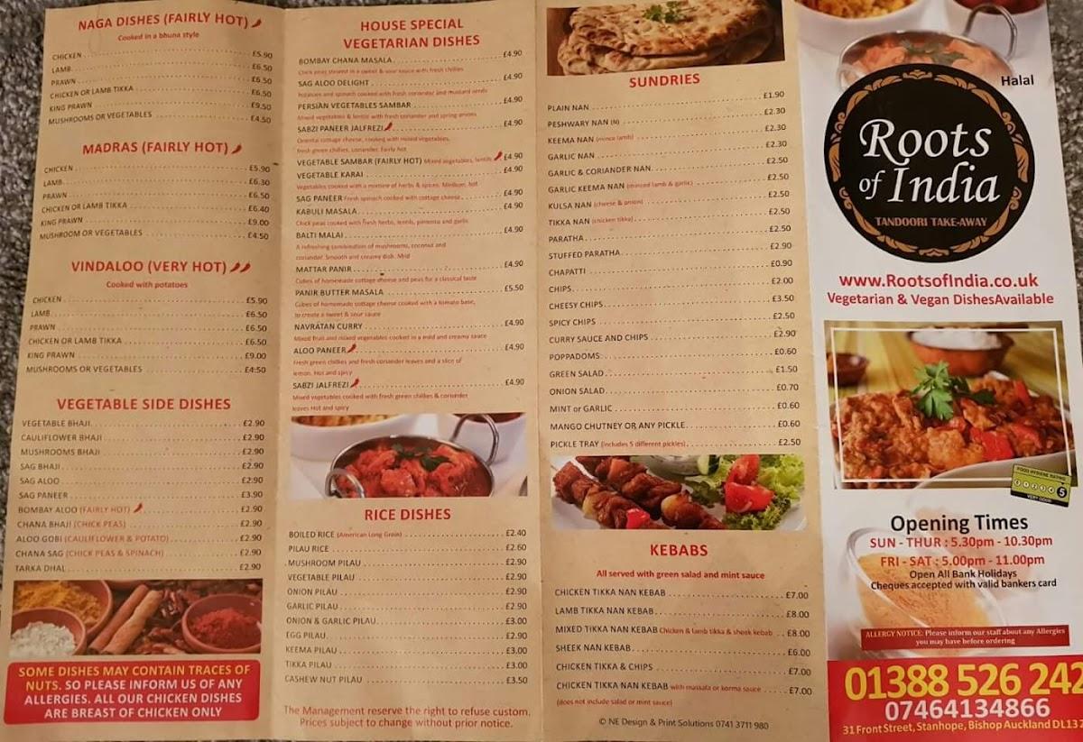 Menu at Roots of India fast food, Stanhope