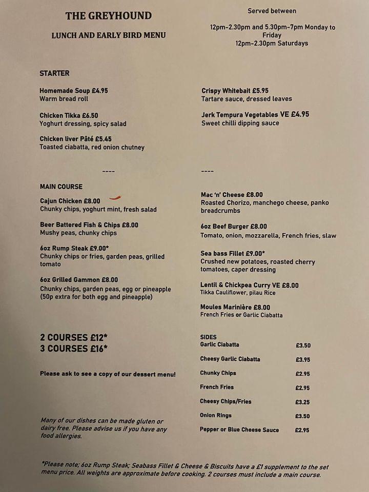 Menu at The Greyhound Inn pub & bar, Wolverhampton, The Greyhound