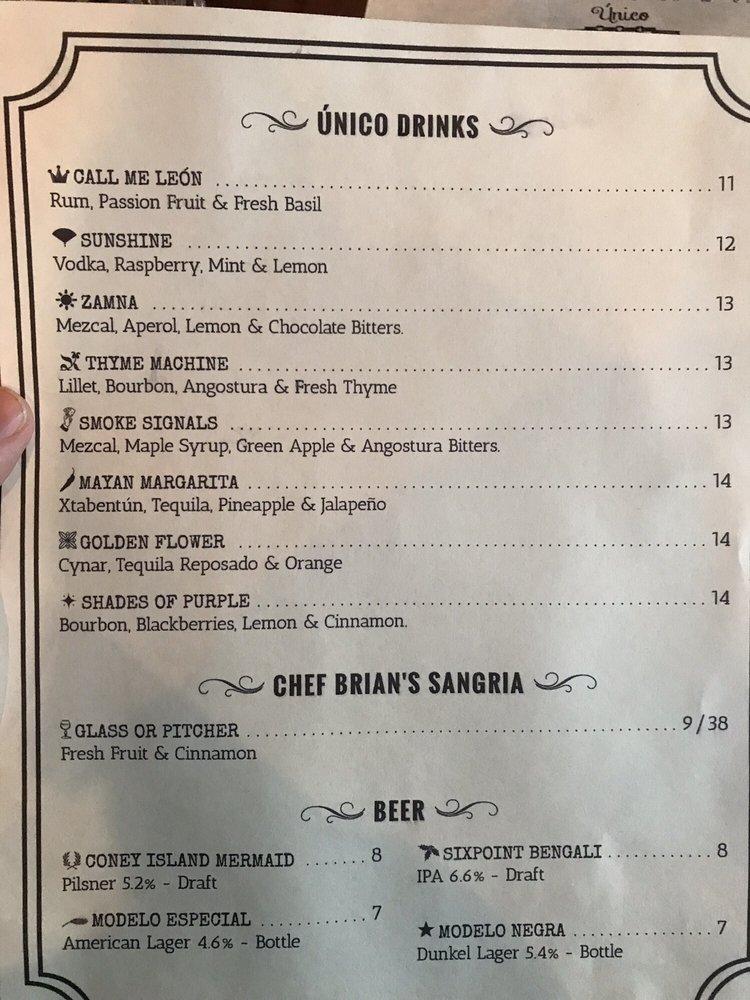 Menu at Unico restaurant, Hartsdale