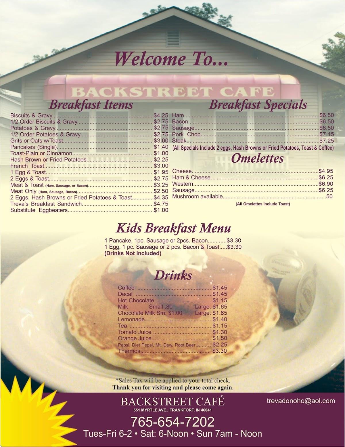 Menu at Backstreet Cafe, Frankfort