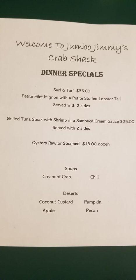Menu at Jumbo Jimmy's Crab Shack restaurant, Port Deposit