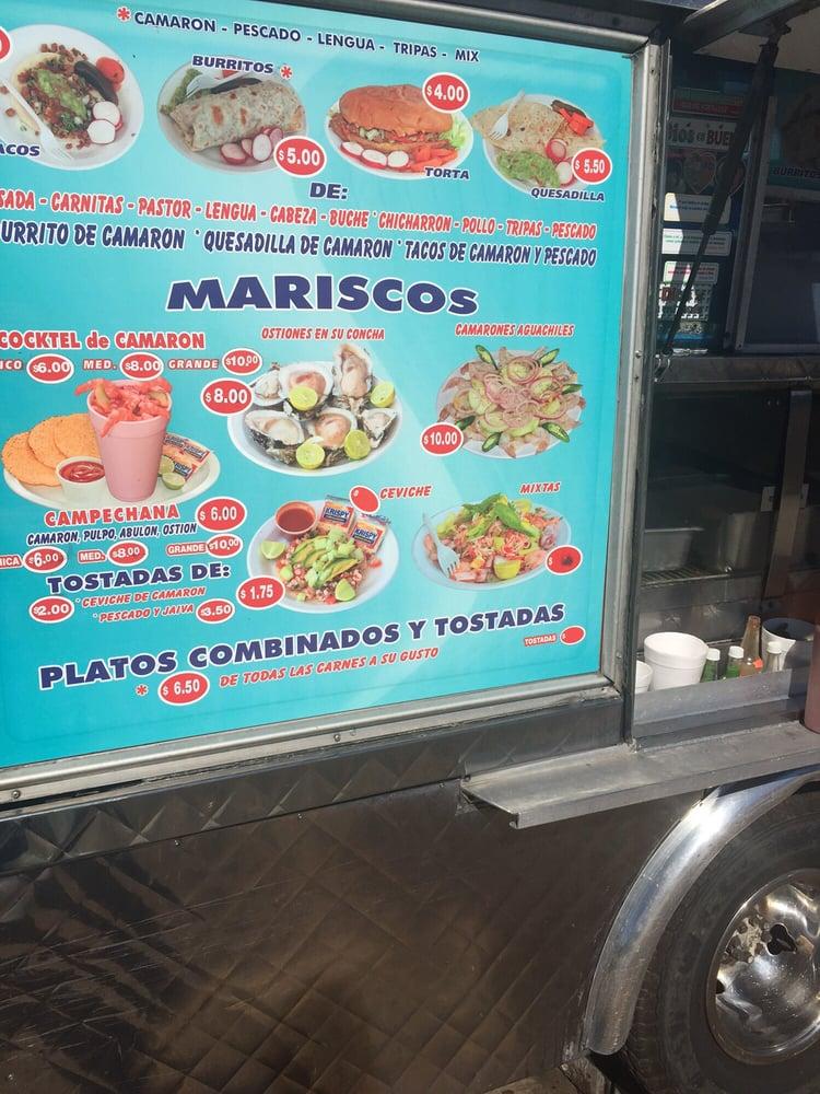 Menu at Mariscos El Sabroso truck restaurant, Los Angeles