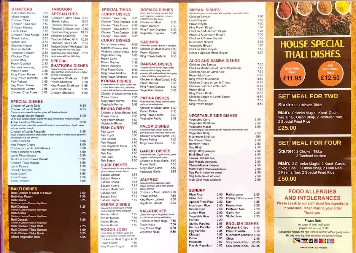 Menu at Nehar Indian Takeaway fast food, Lampeter