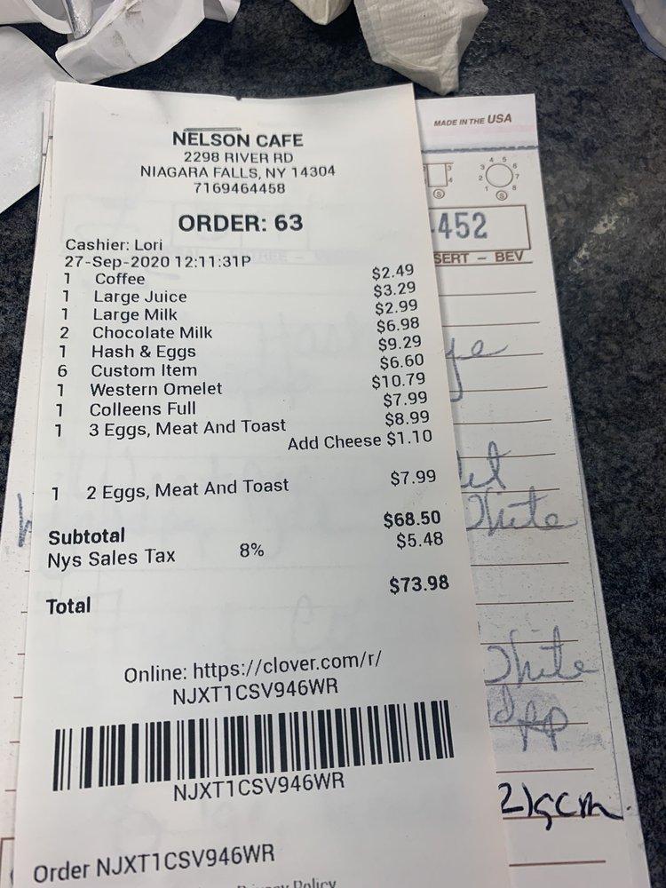 Menu at Nelsons Cafe, Niagara Falls