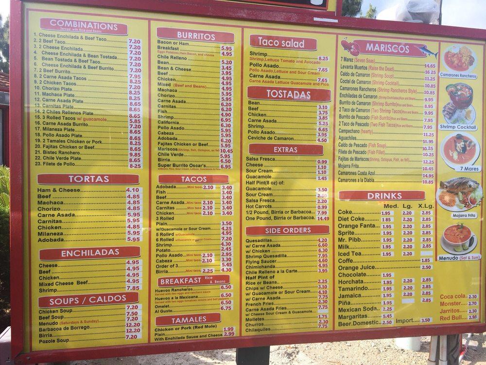 Menu at Oscar's Mexican Food restaurant, San Marcos