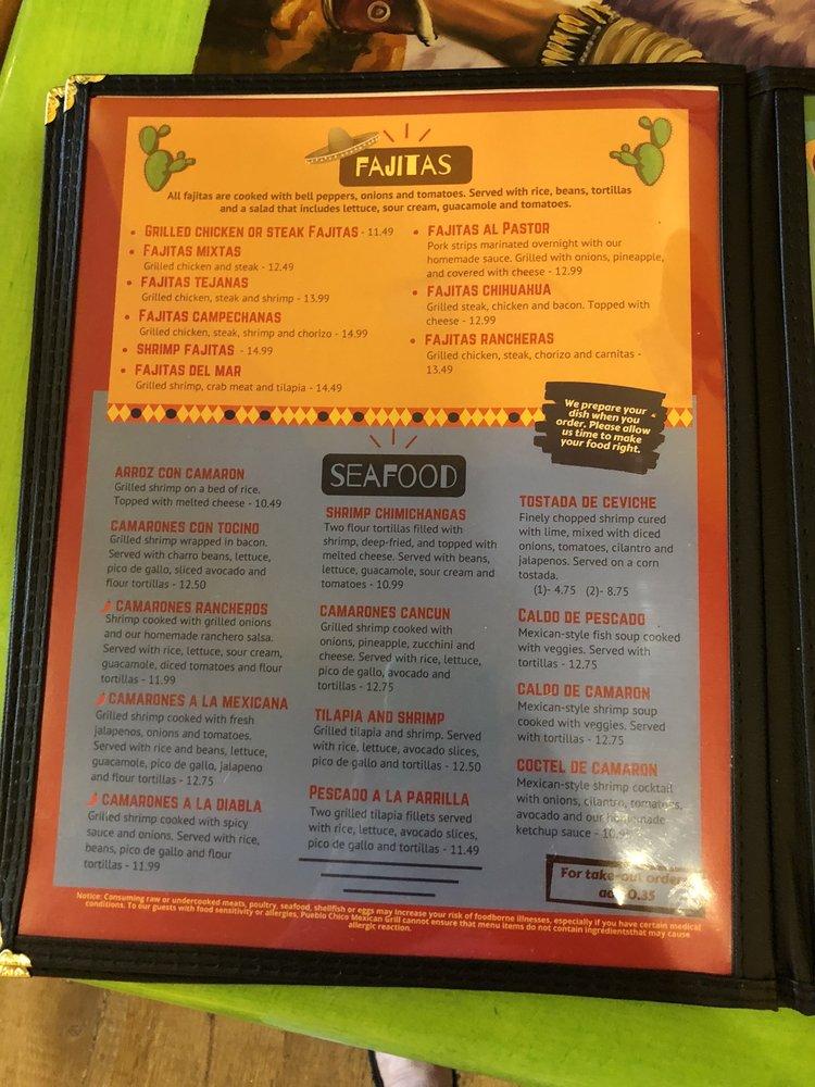 Menu at Pueblo Chico Mexican Grill restaurant, Roanoke