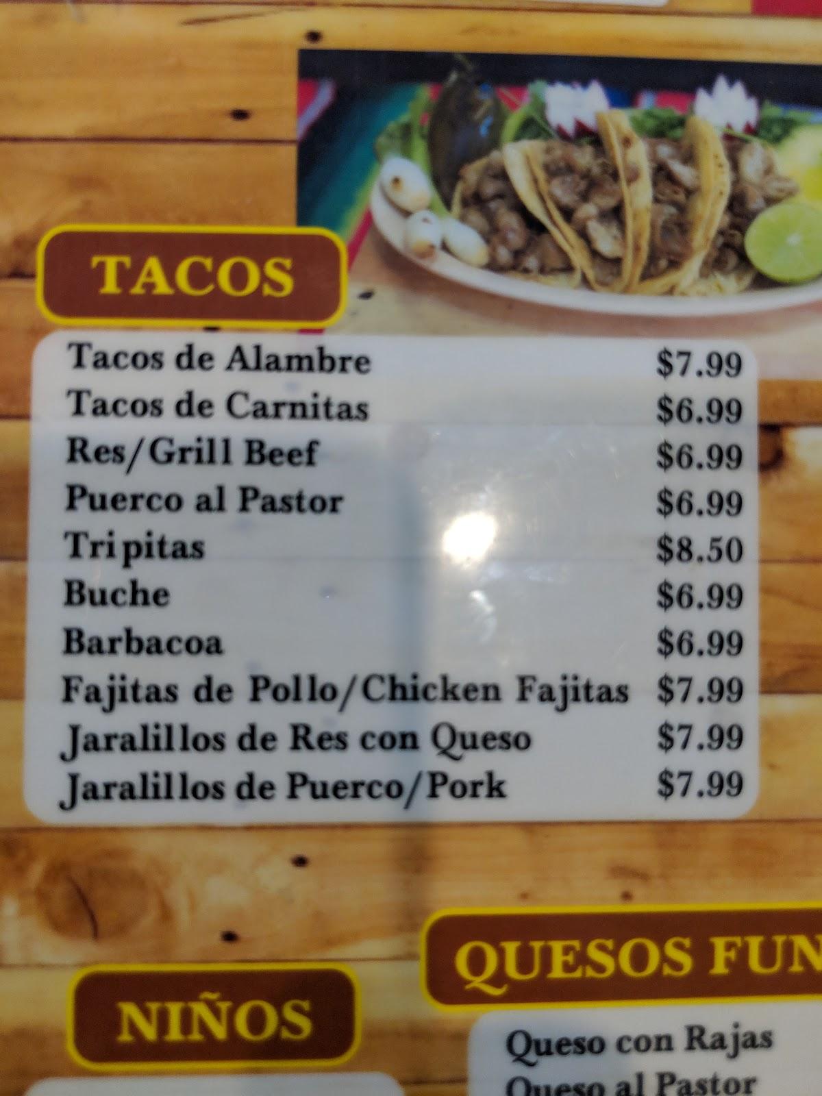 Menu at Tacos Toro Bronco restaurant, El Paso, Montana Ave