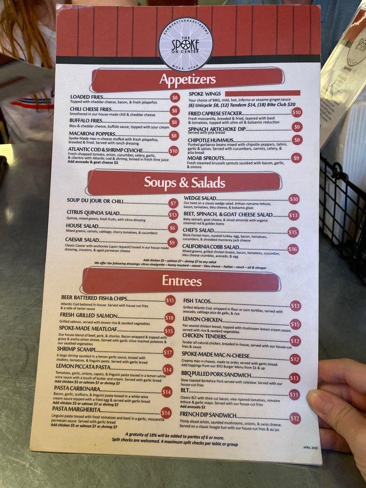 Menu at The Spoke on Center restaurant, Moab