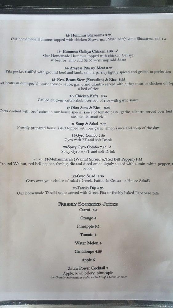 Menu at Zeta's Grill restaurant, Avondale