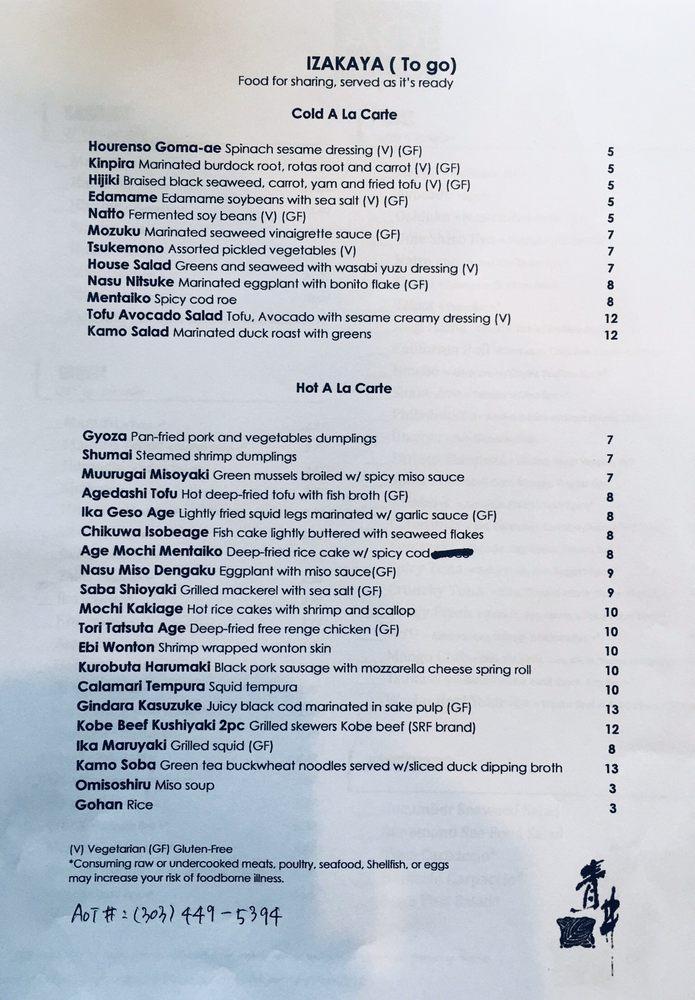 Menu at AOI Sushi & Izakaya restaurant, Boulder