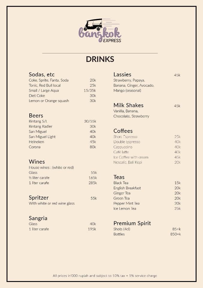Menu at Bangkok Express restaurant, Kuta