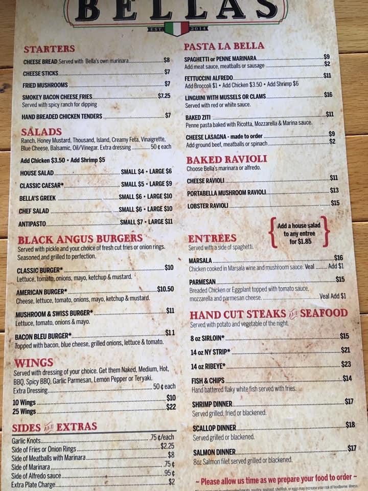 Menu at Bella's Steaks, Pasta and More steakhouse, Clayton
