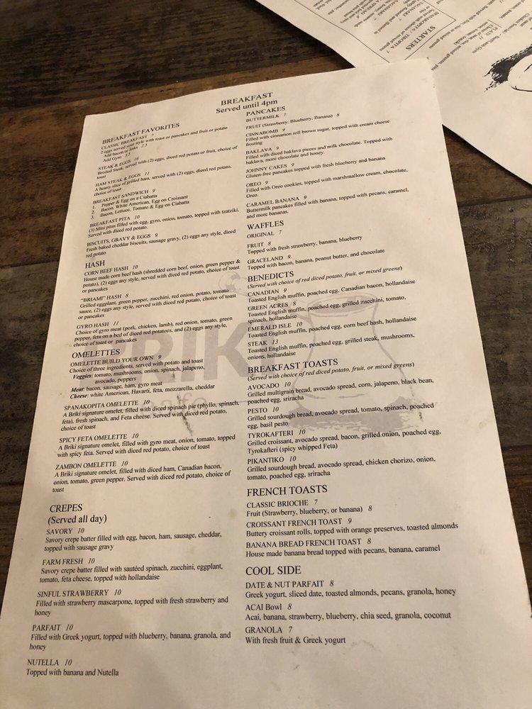 Menu at Briki Cafe, Addison