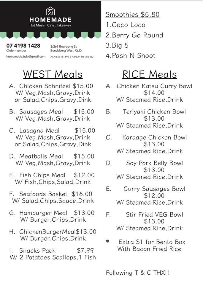 Menu at HOMEMADE Cafe&Takeaway, Bundaberg West