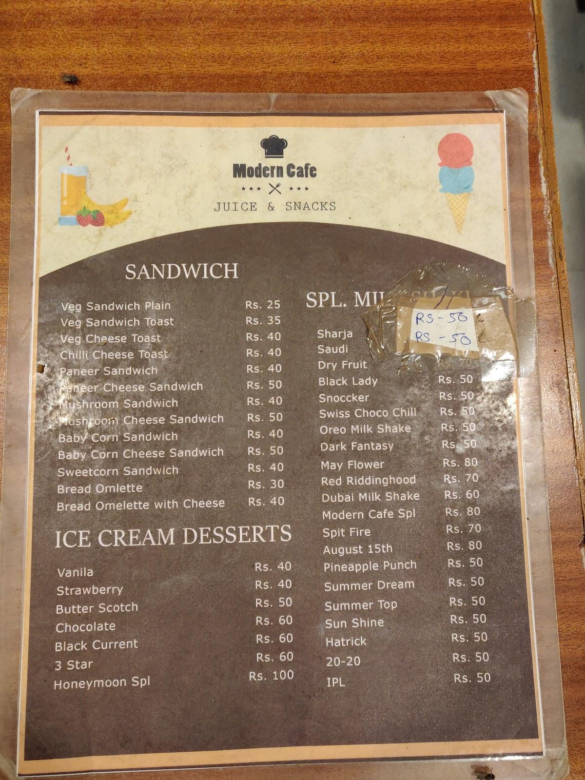 Menu at Modern Cafe, Chennai, X62V+7HW