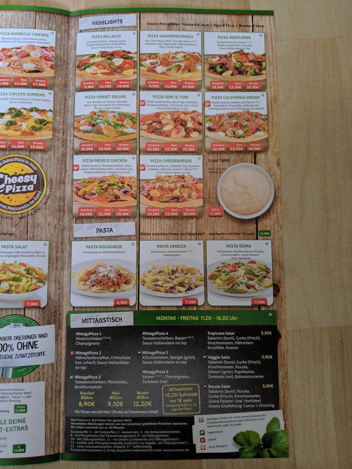 Speisekarte von Pizza Max Hamburg Sasel, Hamburg