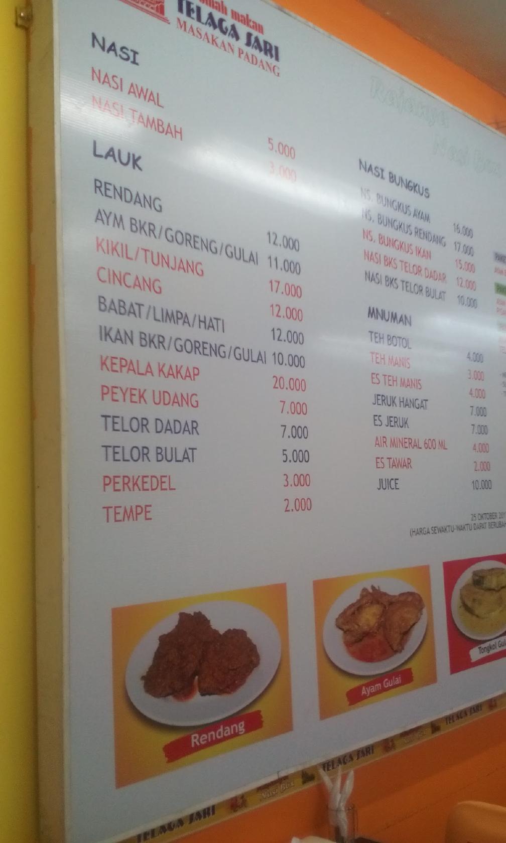 Menu at RM Padang Telaga Sari restaurant, Depok