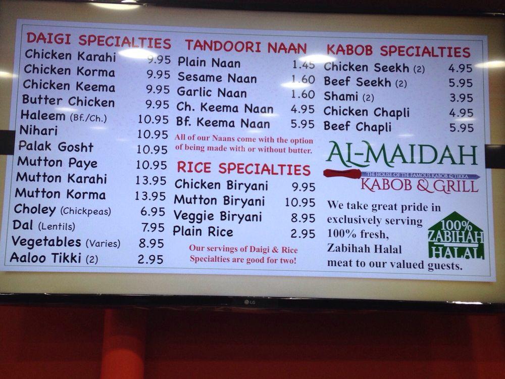 Menu at Al-Maidah restaurant, Plano