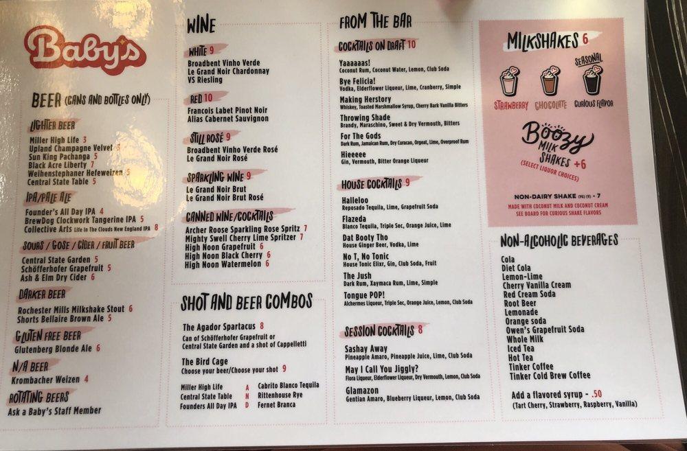 Menu at Baby's pub & bar, Indianapolis