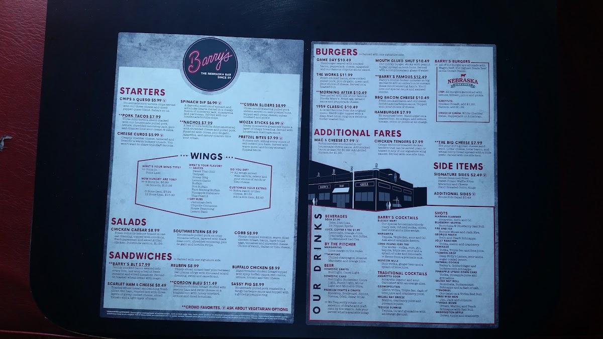 Menu at Barry's The Nebraska Bar, Lincoln