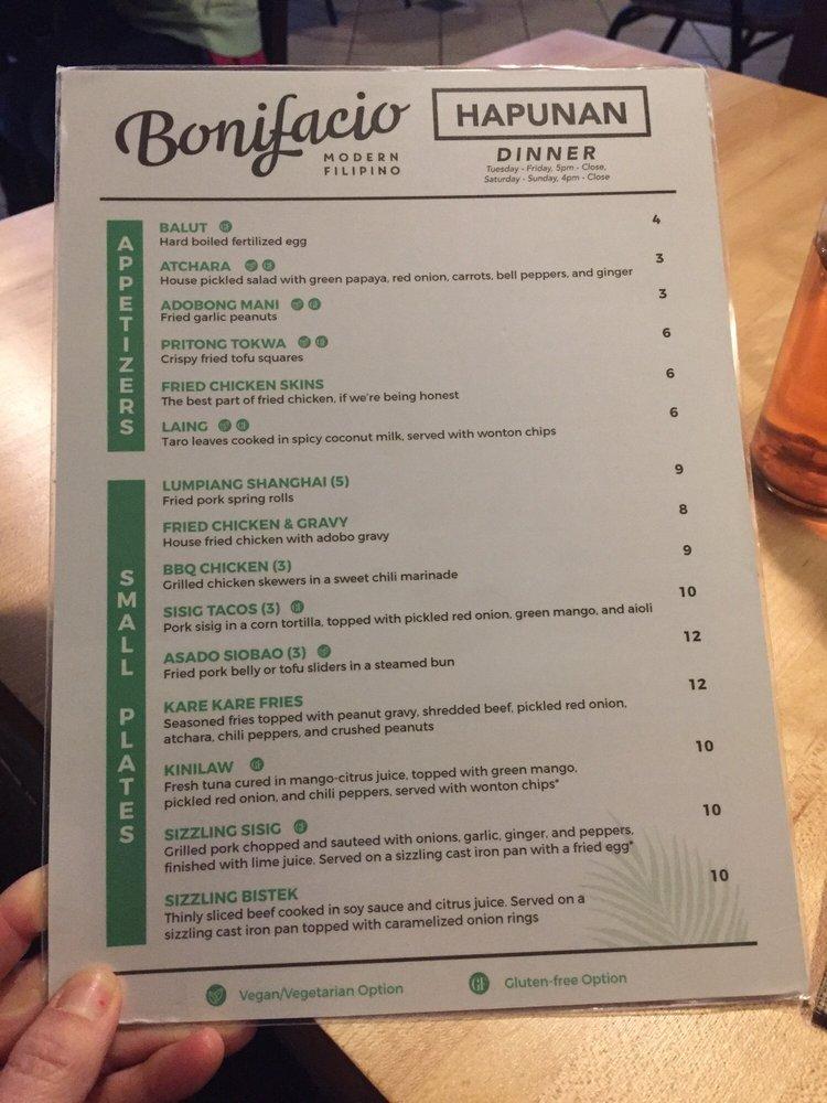 Menu at Bonifacio pub & bar, Columbus