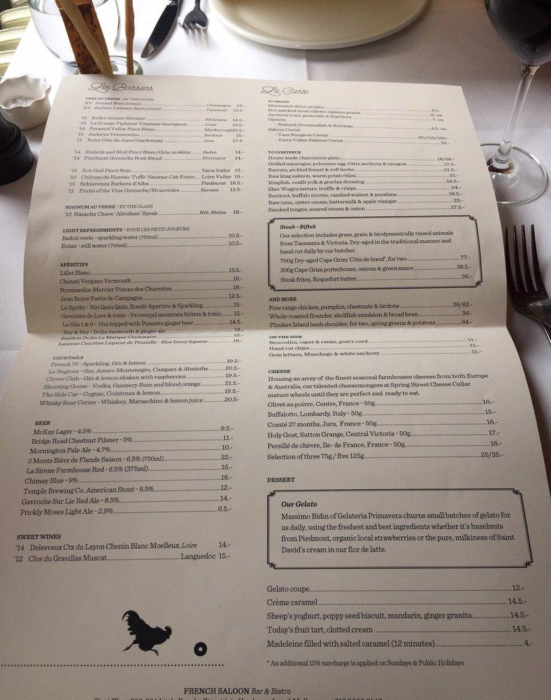 Menu at French Saloon restaurant, Melbourne