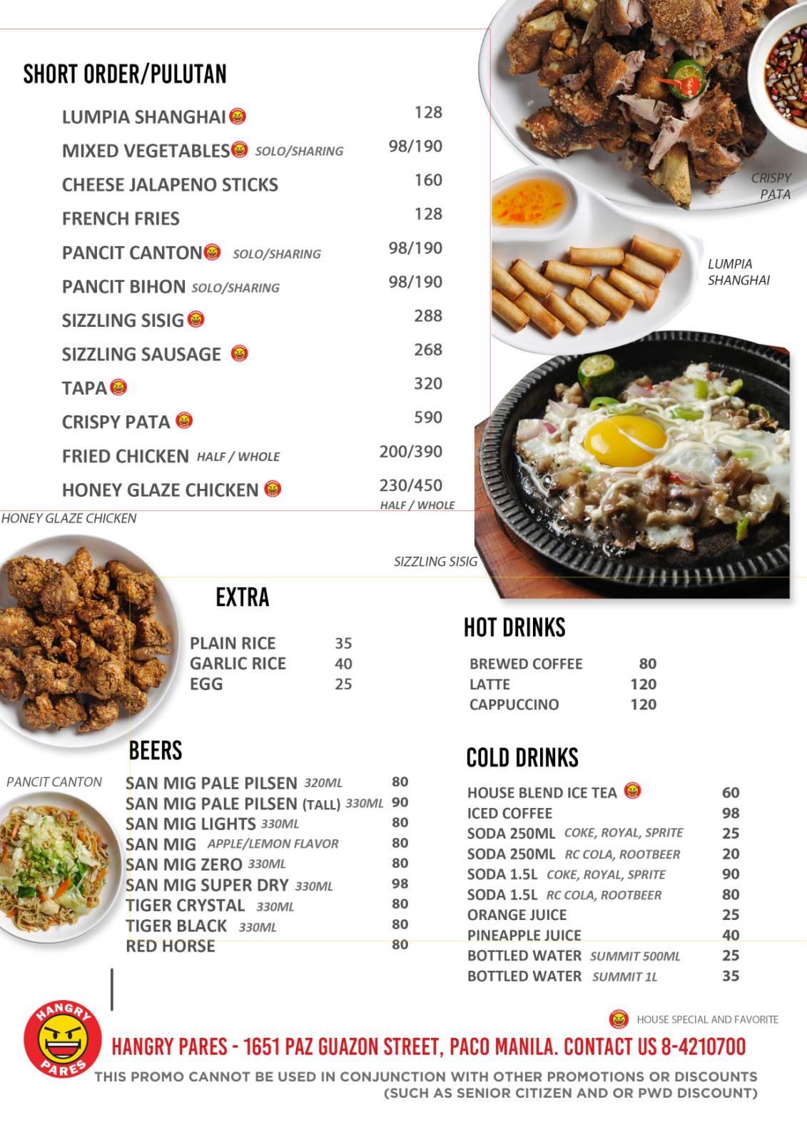 Menu at Hangry Pares restaurant, Manila