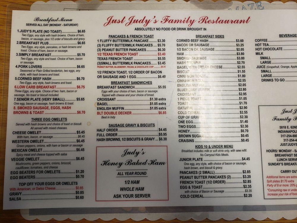 Menu at Just Judy's Restaurant, Indianapolis, E 62nd St
