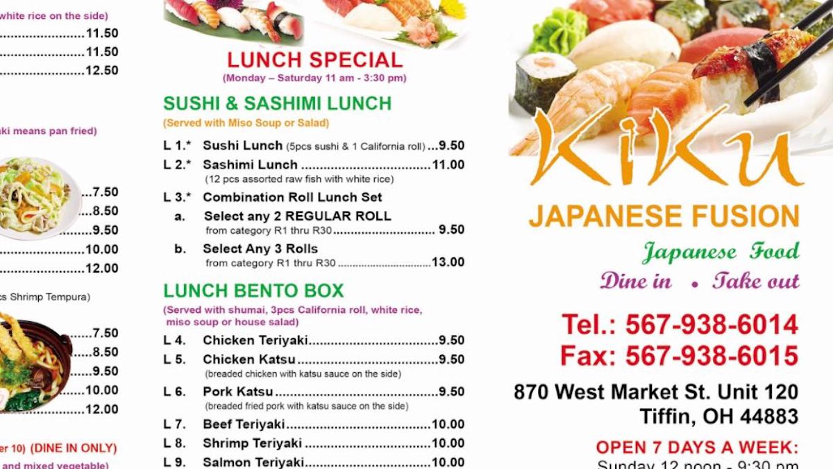 Menu at Kiku Japanese Fusion restaurant, Tiffin